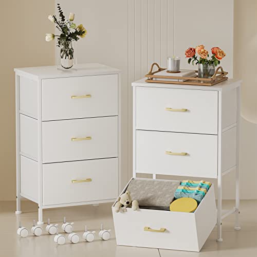 YILQQPER Nightstands Set of 2, Dresser for Bedroom Night Stand Sets Fabric Kids White Dresser for Closet Organizer, Nursery, Dorm with 3 Leather Finish Drawers, Glacier White