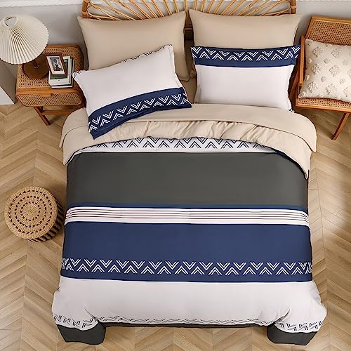 DHSFKBE King Size Comforter Set, 7 Piece Bed in a Bag, Blue and White Striped Patchwork Pattern Comforter with Sheets, Soft Lightweight Microfiber Complete Bedding Set for All Season (Blue, 104"x90")