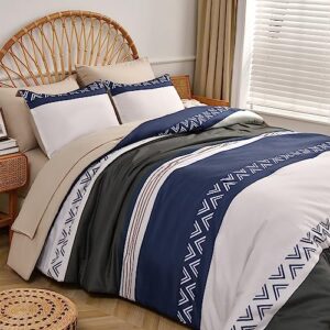 DHSFKBE King Size Comforter Set, 7 Piece Bed in a Bag, Blue and White Striped Patchwork Pattern Comforter with Sheets, Soft Lightweight Microfiber Complete Bedding Set for All Season (Blue, 104"x90")