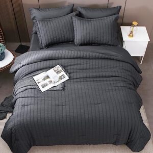 hymokege dark grey queen comforter set seersucker 3 pieces, bedding comforter sets for bedroom, bed set with 1 comforter and 2 pillow shams