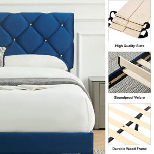 AsKmore King Size Bed Frame,Velvet Upholstered Platform with Headboard and Strong Wooden Slats,Non-Slip and Noise-Free,No Box Spring Needed, Easy Assembly,Navy Blue