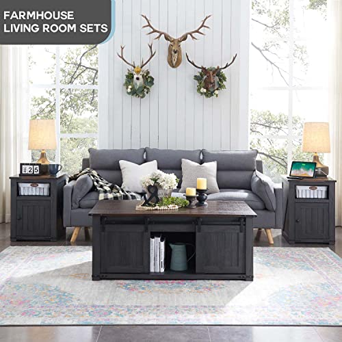 SinCiDo 48” Lift Top Coffee Table, Coffee Table with Storage & Sliding Groove Barn Door, Farmhouse Coffee Table Rustic Wood Cocktail Table w/Double Storage Spaces for Living Room, Dark Grey