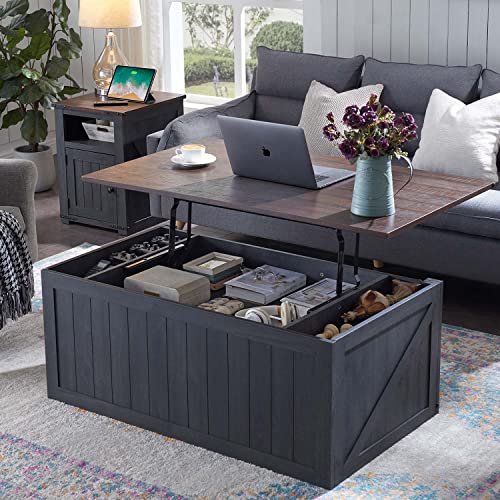 SinCiDo 48” Lift Top Coffee Table, Coffee Table with Storage & Sliding Groove Barn Door, Farmhouse Coffee Table Rustic Wood Cocktail Table w/Double Storage Spaces for Living Room, Dark Grey