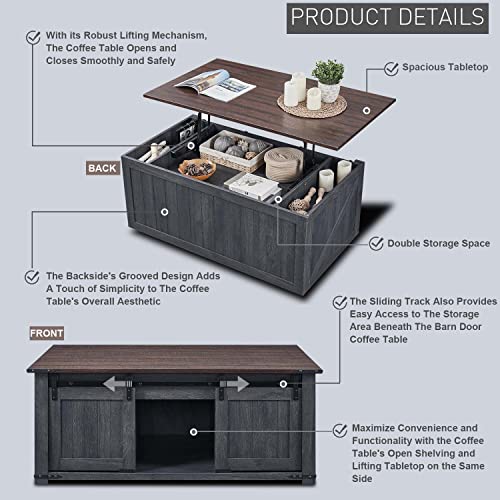 SinCiDo 48” Lift Top Coffee Table, Coffee Table with Storage & Sliding Groove Barn Door, Farmhouse Coffee Table Rustic Wood Cocktail Table w/Double Storage Spaces for Living Room, Dark Grey