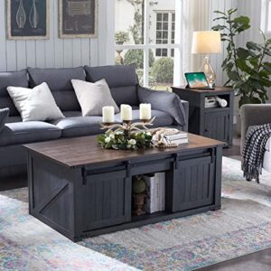 SinCiDo 48” Lift Top Coffee Table, Coffee Table with Storage & Sliding Groove Barn Door, Farmhouse Coffee Table Rustic Wood Cocktail Table w/Double Storage Spaces for Living Room, Dark Grey