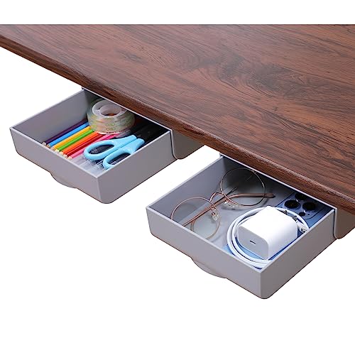 LuluEasy 2 Pack Under Desk Drawer Self-Adhesive Hidden Desktop Organizer, Attachable Desk Drawer Slide Out, Table Storage Tray for Pencil Pen Stationery Home Office Organization, Large Gray