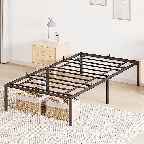 Amyove Twin Size Bed Frame, Metal Twin Platform Bed Frame with 3 in 1 Steel Support, 14 Inch No Box Spring Needed Easy to Assemble Black Mattress Foundation - Twin