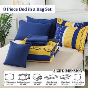 8 Pieces Bed in a Bag Stripe Comforter Set Queen Size,Patchwork Striped Comforter with Sheets Set Soft Microfiber Boho Bedding Sets (Yellow Blue)