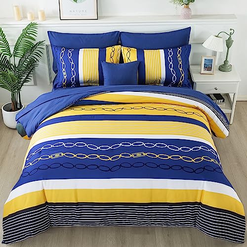 8 Pieces Bed in a Bag Stripe Comforter Set Queen Size,Patchwork Striped Comforter with Sheets Set Soft Microfiber Boho Bedding Sets (Yellow Blue)