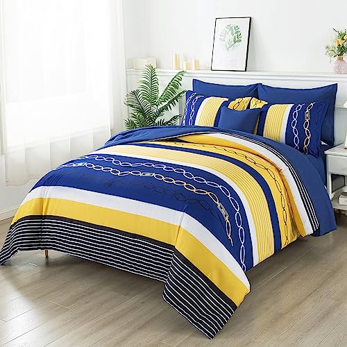 8 Pieces Bed in a Bag Stripe Comforter Set Queen Size,Patchwork Striped Comforter with Sheets Set Soft Microfiber Boho Bedding Sets (Yellow Blue)