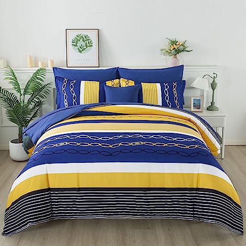 8 Pieces Bed in a Bag Stripe Comforter Set Queen Size,Patchwork Striped Comforter with Sheets Set Soft Microfiber Boho Bedding Sets (Yellow Blue)