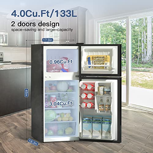 BANGSON Small Fridge with Freezer, 4.0 Cu.Ft, Samll Refrigerator with Freezer, 5 Settings Temperature Adjustable, 2 Doors, Compact Fridge for Apartment Bedroom Dorm and Office, Black