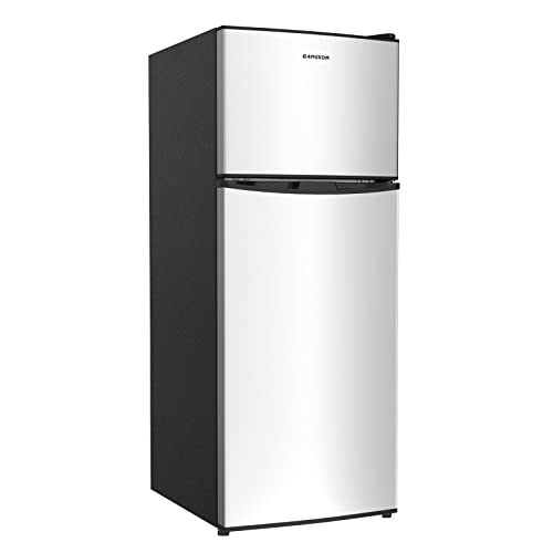 BANGSON Small Fridge with Freezer, 4.0 Cu.Ft, Samll Refrigerator with Freezer, 5 Settings Temperature Adjustable, 2 Doors, Compact Fridge for Apartment Bedroom Dorm and Office, Silver