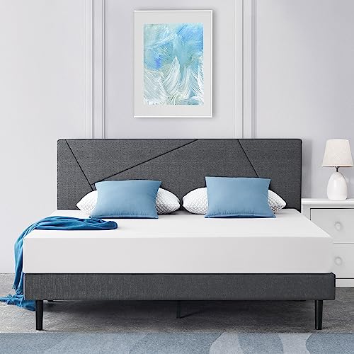 Molblly Queen Bed Frame Upholstered Platform with Headboard and Wooden Slats Support，Platform Queen Bed Only，No Box Spring Needed,Noise-Free,Easy Assembly,Dark Grey