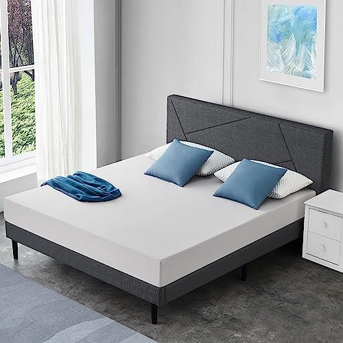 Molblly Queen Bed Frame Upholstered Platform with Headboard and Wooden Slats Support，Platform Queen Bed Only，No Box Spring Needed,Noise-Free,Easy Assembly,Dark Grey