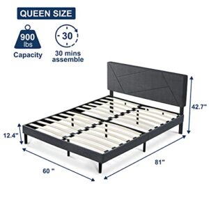 Molblly Queen Bed Frame Upholstered Platform with Headboard and Wooden Slats Support，Platform Queen Bed Only，No Box Spring Needed,Noise-Free,Easy Assembly,Dark Grey