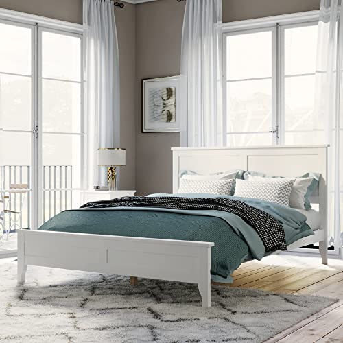 MERITLINE Full Size Platform Bed Frame with Headboard/Solid Wood Foundation with Wood Slat Support/No Box Spring Needed/Easy Assembly (White)