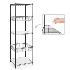 caphaus nsf adjustable 5 tier wire shelving unit w/basket & liner, metal storage rack corner shelves, storage rack for kitchen, bathroom, laundry closet, metal wire shelving w/basket shelves black