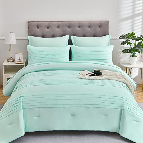 Herlura Queen Comforter Set Bed in a Bag 7 Pieces, Aqua Blue Comforter for Queen Size Bed with Comforters, Queen Sheets, Pillowcases & Shams, All Season Comforters Queen Size Pleated Bedding Sets