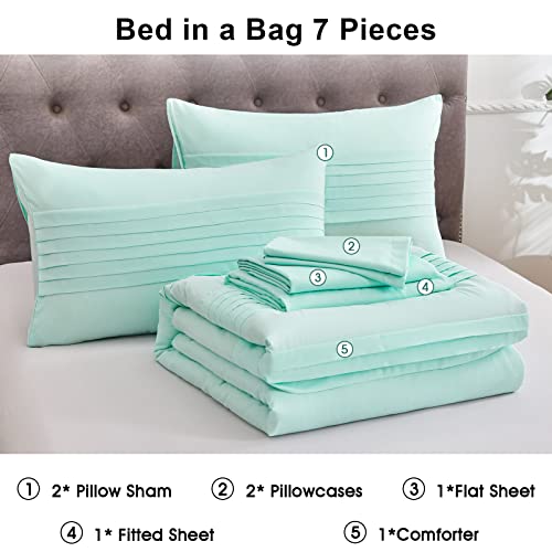 Herlura Queen Comforter Set Bed in a Bag 7 Pieces, Aqua Blue Comforter for Queen Size Bed with Comforters, Queen Sheets, Pillowcases & Shams, All Season Comforters Queen Size Pleated Bedding Sets