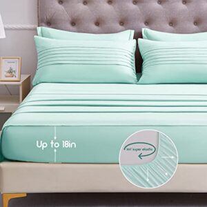 Herlura Queen Comforter Set Bed in a Bag 7 Pieces, Aqua Blue Comforter for Queen Size Bed with Comforters, Queen Sheets, Pillowcases & Shams, All Season Comforters Queen Size Pleated Bedding Sets