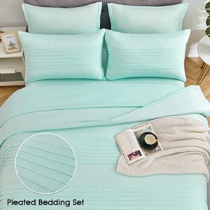 Herlura Queen Comforter Set Bed in a Bag 7 Pieces, Aqua Blue Comforter for Queen Size Bed with Comforters, Queen Sheets, Pillowcases & Shams, All Season Comforters Queen Size Pleated Bedding Sets