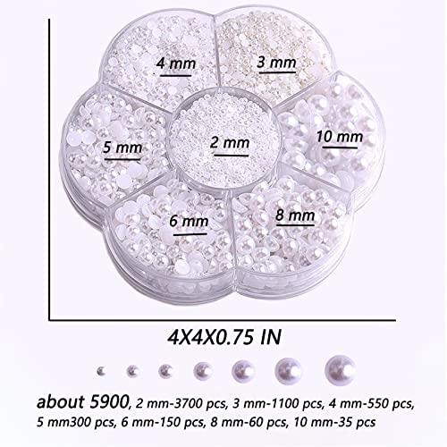 5900 Pcs Half Pearls for Crafts White Nail Pearls for Nail Art Falt Back Pearls for Makeup Craft Pearls for Artists Creative DIY Flatback Pearls for Nails（2/3/4/5/6/8/10mm）