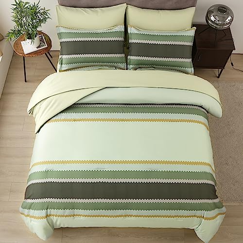 MMCLL King Size Comforter Set, 7 Piece Green Striped Bed in a Bag, Lightweight Comforter Sets with Sheets and Pillows, Soft Microfiber Complete Bedding Set for All Season(104"X90")