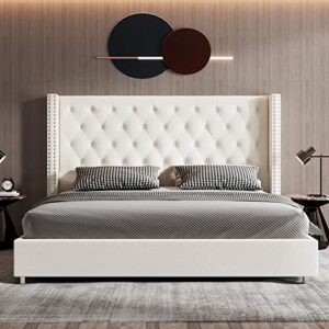 Jocisland Queen Size Beds Lift Up Storage Upholstered Bed Frame Wingback Headboard Hydraulic Storage/No Box Spring Needed/Cream