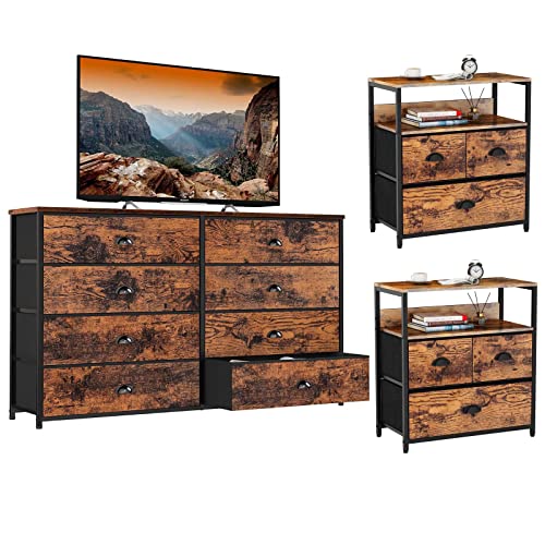 Furologee 2 Nightstands with 3 Drawers, Small Dresser with Storage Shelf, Bedside Table/Closet Organizer and 8 Drawer Dresser Wide 47'' Long, Storage Chest of Drawer for 55'' TV Stand