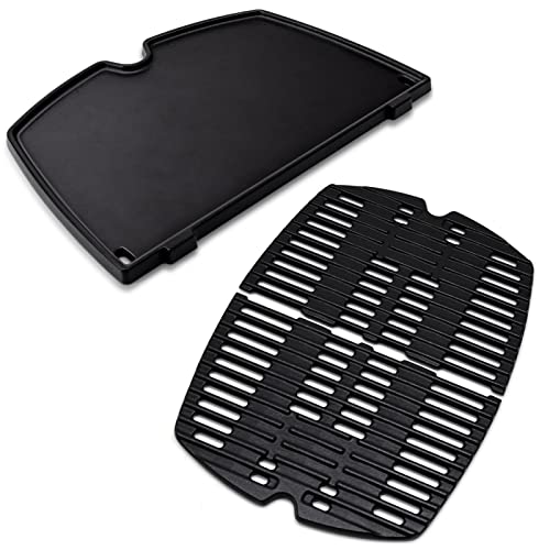 Adviace 6558 Cast Iron Griddle Plate and 7644/7582 Cast Iron Grill Grates for Weber Q100, Q120, Q140, Q1000, Q1200, Q1400 Grill Parts Accessories, 12.6 x 8.6 Inch Griddle, 17 x 12.7 Inch Grates.