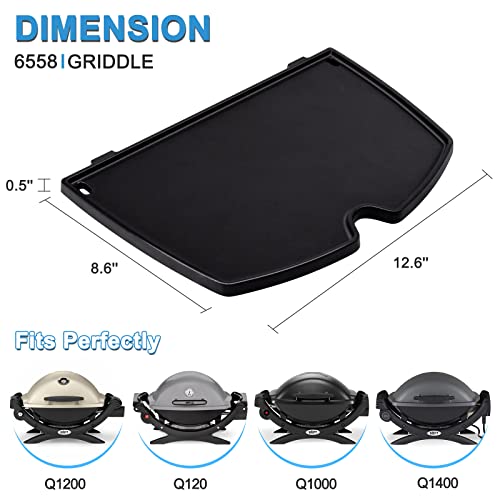 Adviace 6558 Cast Iron Griddle Plate and 7644/7582 Cast Iron Grill Grates for Weber Q100, Q120, Q140, Q1000, Q1200, Q1400 Grill Parts Accessories, 12.6 x 8.6 Inch Griddle, 17 x 12.7 Inch Grates.