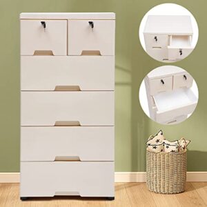 Hteedy 6 Drawer Dresser PP Cabinet Movable Storage Tall Closet Lockable Bedroom Cupboard Tower Closet Drawers Tall Dresser Organizer for Clothes Beige Color