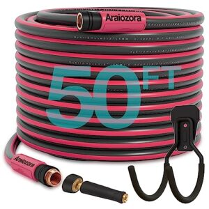 garden hose 50 ft,heavy duty kink-resistant hybrid 5/8 inch flexible rubber water hose kit with solid brass twist hose nozzle & hose holder,all-weather,lightweight,burst 600psi