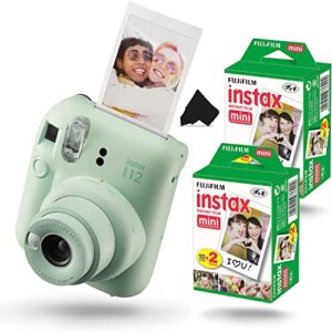 fujifilm instax mini 12 instant camera, mint green camera with 40 photo sheets, cleaning cloth, and instax up app, portable, easy to use, automatic settings, front mirror for selfies, 2 aa batteries