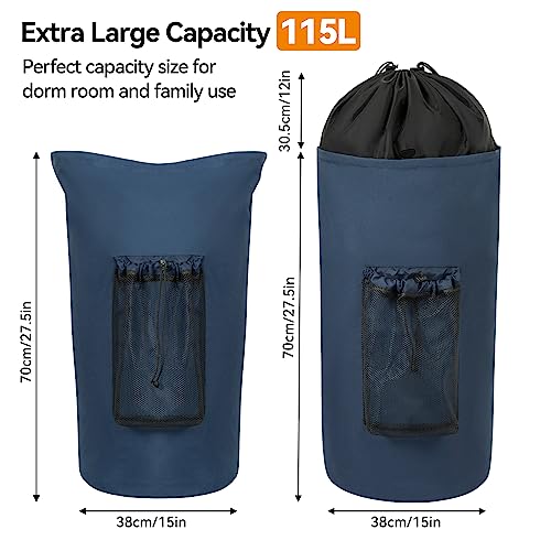 WOWLIVE Laundry Bag Backpack,115L Extra Large Travel Laundry Hamper Bag with Mesh Pocket & Adjustable Shoulder Straps Laundry basket bag with Drawstring for College Dorm,Laundromat,Apartment,Students (Dark Blue)