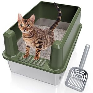 stainless steel high side cat litter box, enclosed large litter box for xl big cats, easy clean metal kitty litterbox with scoop