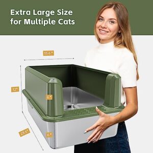 Stainless Steel High Side Cat Litter Box, Enclosed Large Litter Box for XL Big Cats, Easy Clean Metal Kitty Litterbox with Scoop