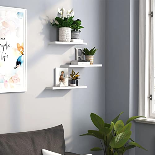 ISYOKE White Floating Shelves Set of 3 Wall Mounted Wood Shelves Modern Dispay Floating White Shelf for Bathroom,Bedroom, Living Room, White Shelves with Invisible Brackets