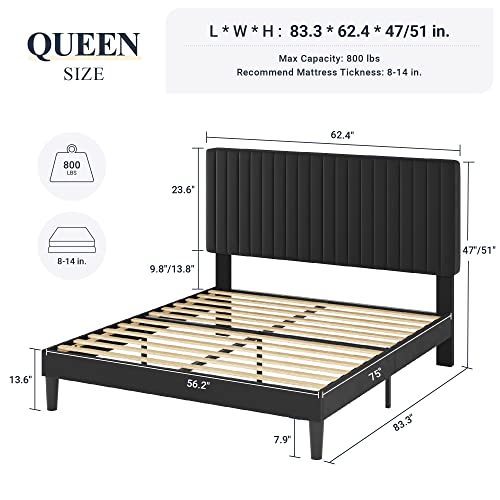 Allewie Queen Bed Frame, Velvet Upholstered Platform Bed with Adjustable Vertical Channel Tufted Headboard, Mattress Foundation with Strong Wooden Slats, Box Spring Optional, Easy Assembly, Black