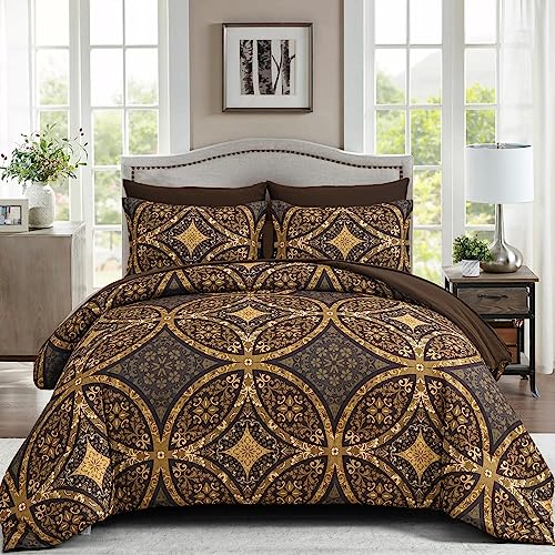 Boho Comforter Set Queen, Bohemian Black Bed in a Bag Bedding Set - 7 Pieces Black and Gold Reversible Comforter for Queen Size Bed, All Season Warm Lightweight Boho Bed Complete Set with Sheets