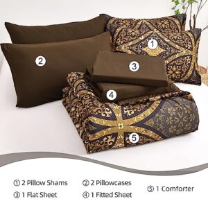 Boho Comforter Set Queen, Bohemian Black Bed in a Bag Bedding Set - 7 Pieces Black and Gold Reversible Comforter for Queen Size Bed, All Season Warm Lightweight Boho Bed Complete Set with Sheets