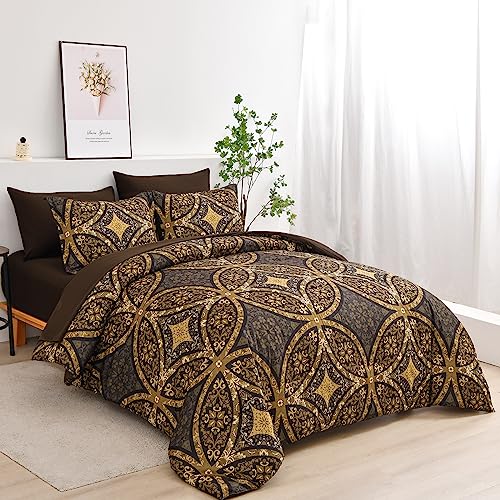 Boho Comforter Set Queen, Bohemian Black Bed in a Bag Bedding Set - 7 Pieces Black and Gold Reversible Comforter for Queen Size Bed, All Season Warm Lightweight Boho Bed Complete Set with Sheets