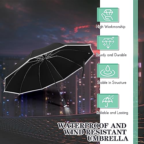 Sanwuta 2 Pcs Folding LED Umbrella Travel Umbrella Reflective Umbrella Compact Portable Parasol Waterproof Umbrella Auto Open Close Golf Umbrella, Black and Blue