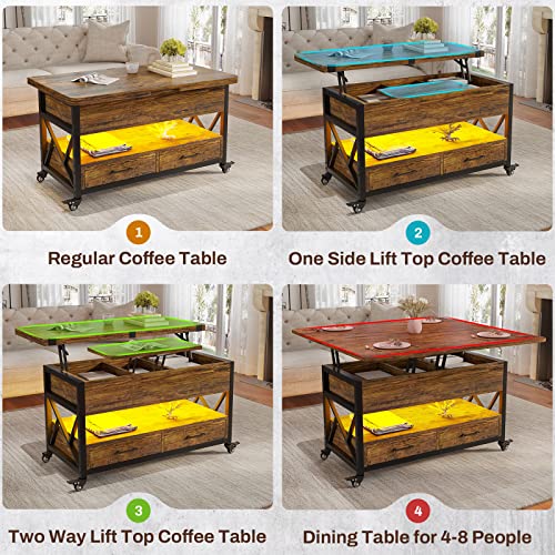 Itaar 40" Lift Top Coffee Table, 4 in 1 Coffee Tables with Storage for Living Room, Small Farmhouse Coffee Table with 2 Drawers & LED Light for Dining Reception Room, Rustic Brown