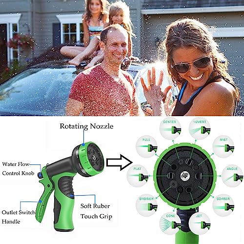 Expandable Garden Hose 100 ft Water Hose with 3 Layer Latex Core, 3/4" Solid Brass Fittings, 10 Function Spray Nozzle, flexible garden hose for Watering and Cleaning, Green