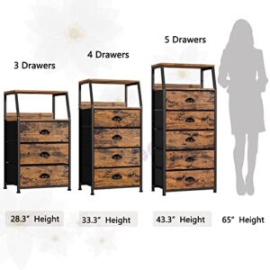 Furnulem Dresser for Bedroom, Nightstand with Fabric Drawers Storage Organizer Furniture for Closet, Living Room, Nursery, Hallway, Wooden Top, Metal Frame (Rustic Brown)