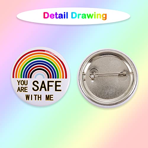 4 Pcs Rainbow Pinback Buttons Pride Pins Round LGBT Buttons Gay Lesbian Rainbow Lapel Pins Bisexual & Rainbow Pride Pin You are Safe with Me Tinplate Brooch Pins LGBTQ Decoration for Clothes and Bags