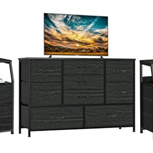 Furnulem Wide Dresser, Small Nightstand with 3 Fabric Storage Drawers and 2-Tier Shelf, End Table Side Furniture for Closet, Hallway, Nursery, Sturdy Steel Frame, Wood Top (Black Oak)