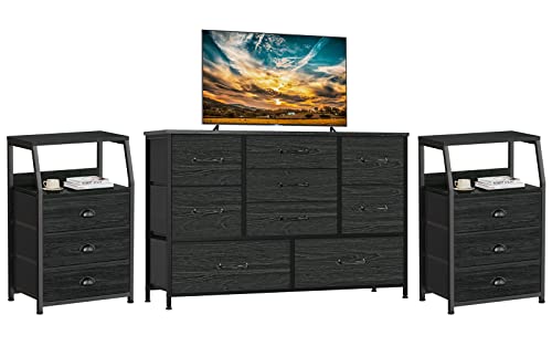 Furnulem Wide Dresser, Small Nightstand with 3 Fabric Storage Drawers and 2-Tier Shelf, End Table Side Furniture for Closet, Hallway, Nursery, Sturdy Steel Frame, Wood Top (Black Oak)